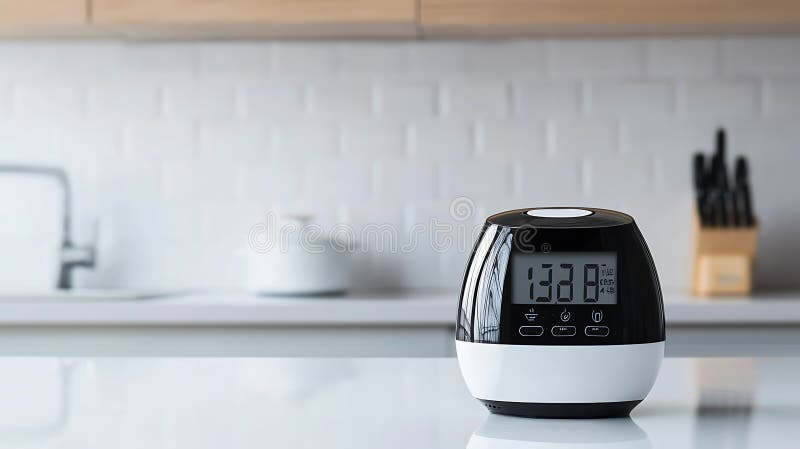 A Black and White Alarm Clock Sits on a Counter in a Kitchen Stock ...