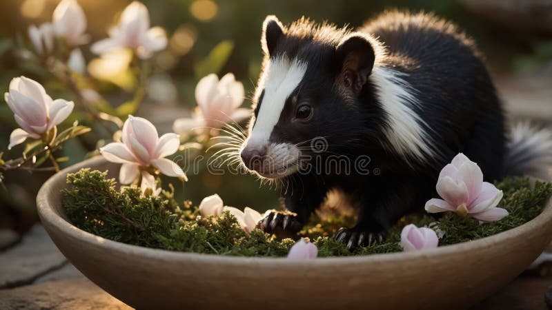 Adorable Baby Skunk in Springtime Magnolia Blossoms Stock Illustration ...
