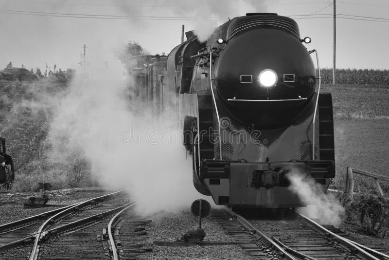 Black and White of an Antique Restored Steam Freight Train Approaching ...