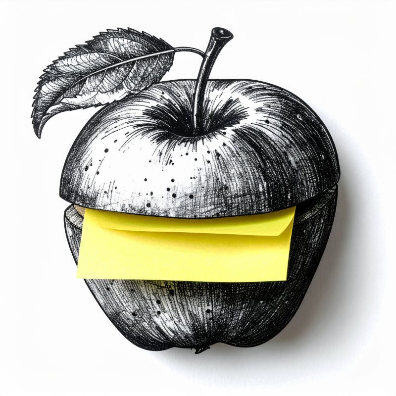 Black and White Apple Drawing with Yellow Sticky Note Stock ...
