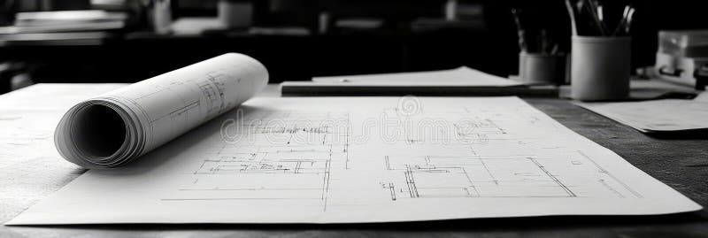 Black and White Architectural Drawing and Blueprints Rolled Up on Desk ...
