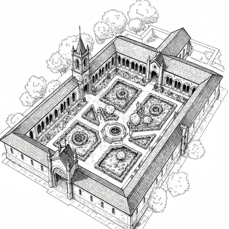 A Black and White Architectural Drawing Depicts a Monastery Courtyard ...