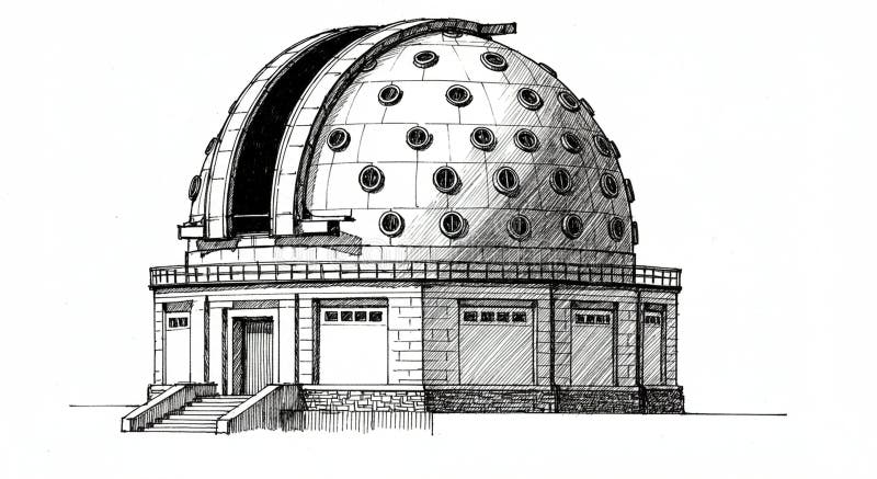 A Black and White Architectural Drawing of a Domed Observatory ...