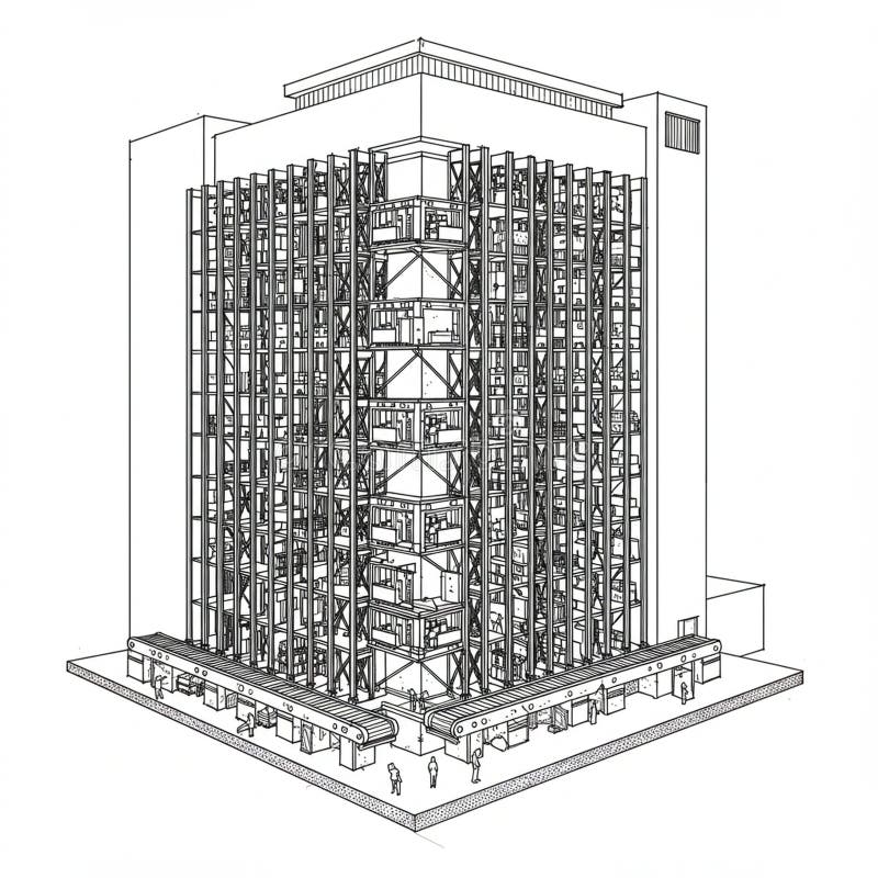 Black and White Architectural Illustration of a Multi-level Automated ...