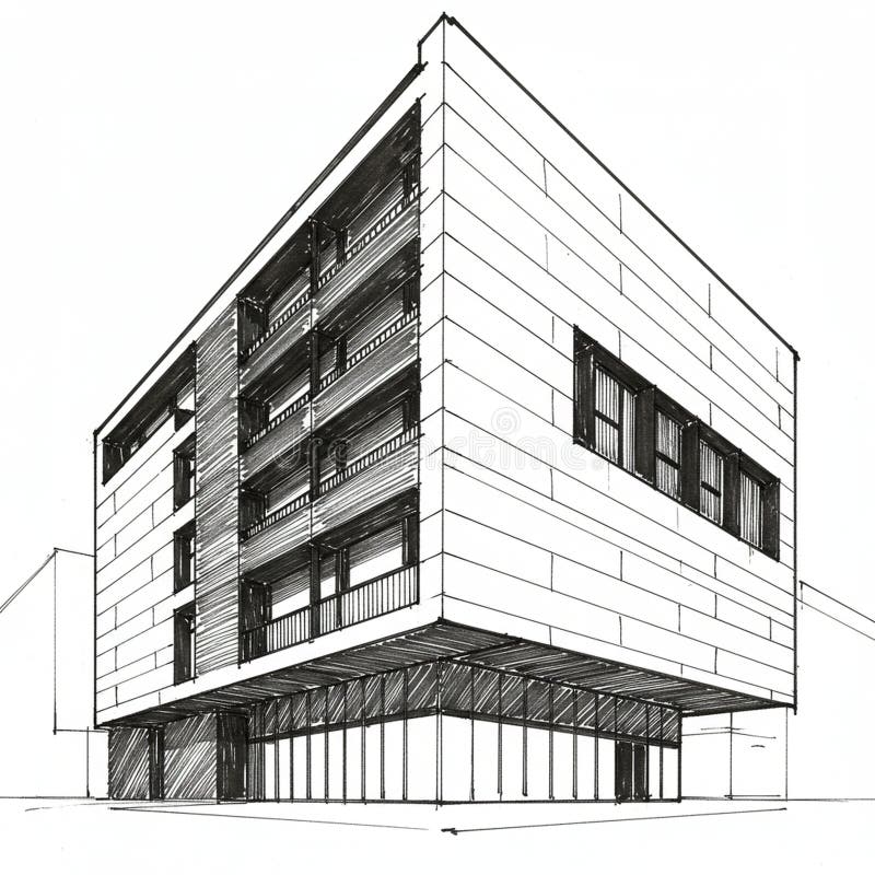 A Black and White Architectural Sketch of a Modern, Rectangular ...