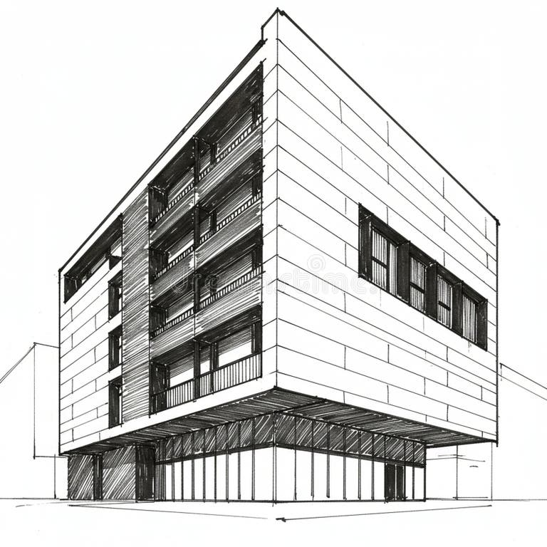 A Black and White Architectural Sketch of a Modern, Rectangular ...
