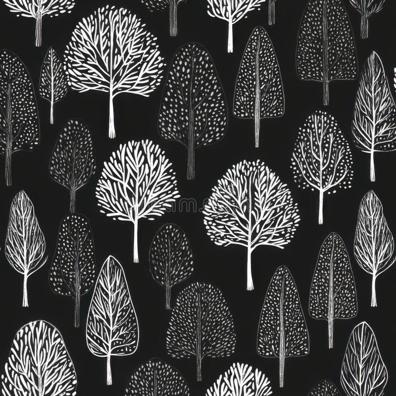 Black and White Artistic Pattern Featuring Various Tree Designs on a ...