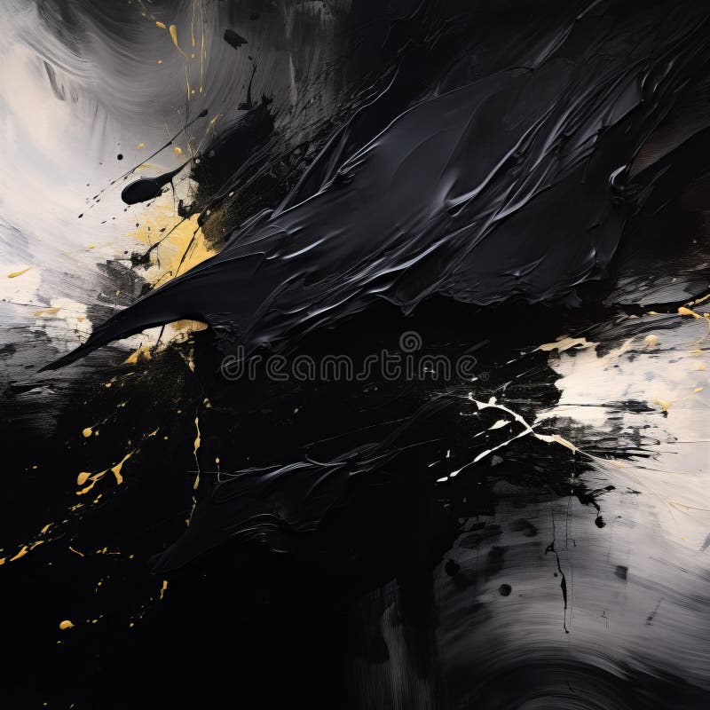 Black Abstract Painting with Gold Splashes - Emotional Gestural Strokes ...