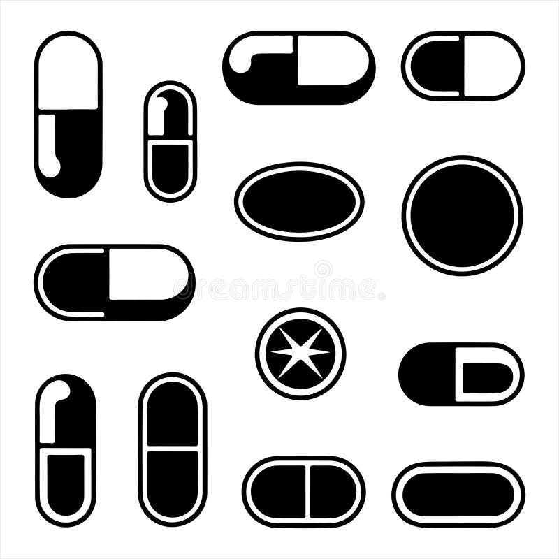Black and White Assorted Pill and Capsule Icons Stock Illustration ...