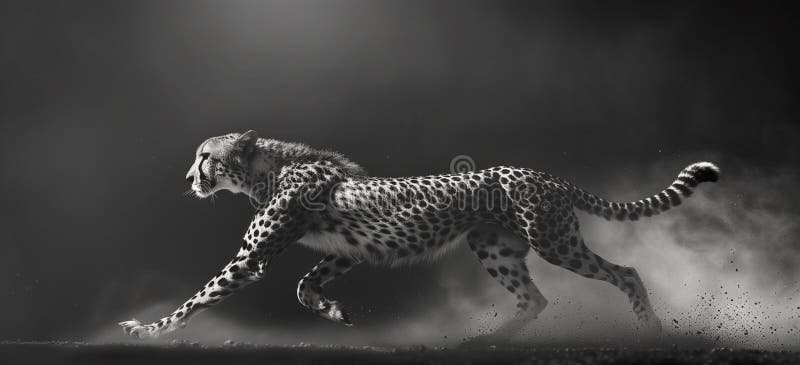Black and White Back Lit Cheetah Running in the Dark Stock Illustration ...