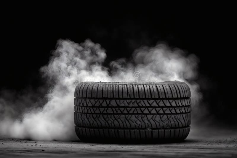 Black and White Background of a Vehicle Wheel with Smoke or Dust Around ...