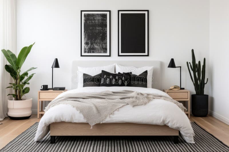 A Black and White Bedroom Featuring a Basic Bed Frame and Nightstand ...