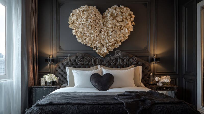 Black and White Bedroom Interior with Floral Heart Wall Decor Stock ...