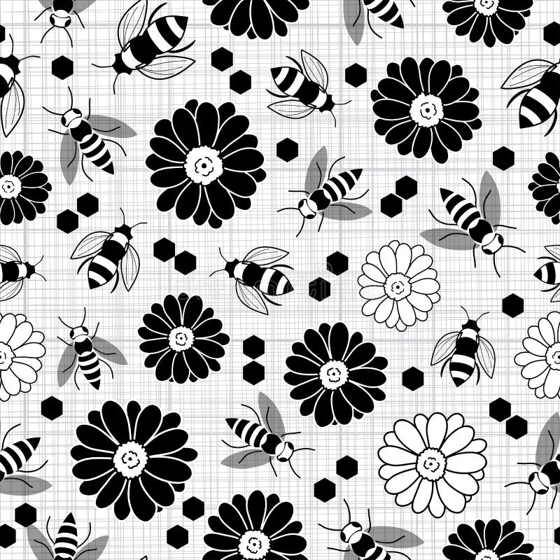 Black and White Bee and Flower Seamless Pattern Design Stock Vector ...