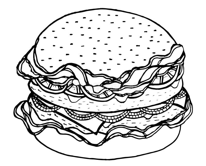 Tasty Hamburger Hand Drawn With Contour Lines On White Background ...