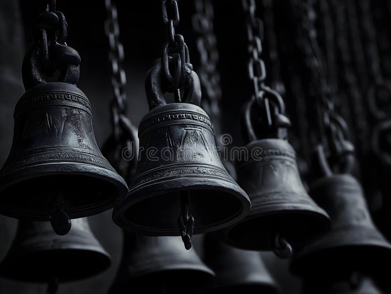 Black and White Bells Collection Hanging in a Row, Their Aged Surfaces ...