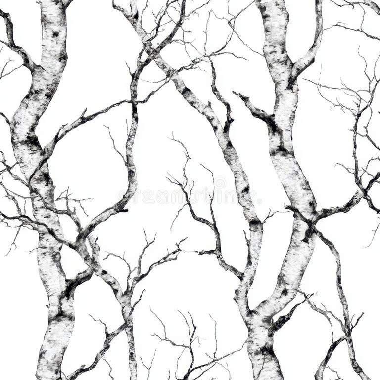 Black and White Birch Trees Pattern on Seamless White Background. Stock ...