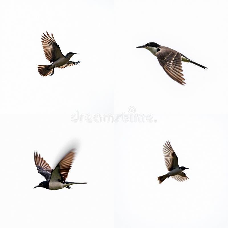 Black and White Birds Flying in Diagonal Line Across Isolated ...