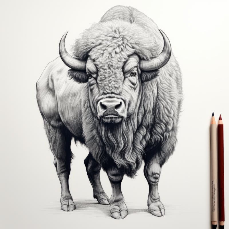 Realistic Hyper-detailed Drawing of a Bison in Black and White Stock ...