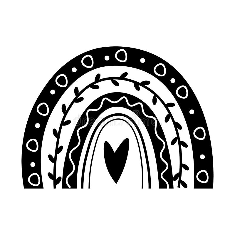 Black White Boho Rainbow in Hand Drawn Style, with Heart and Leaves ... Black White Boho Rainbow in Hand Drawn Style, with Heart and Leaves ...
