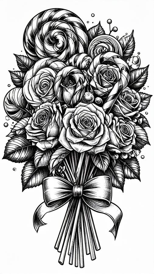 Black and White Bouquet of Roses and Candy Stock Illustration ...