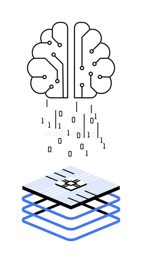 Stylized Brain with Binary Code Dropping into Multi-layered Circuit Board Representing ...