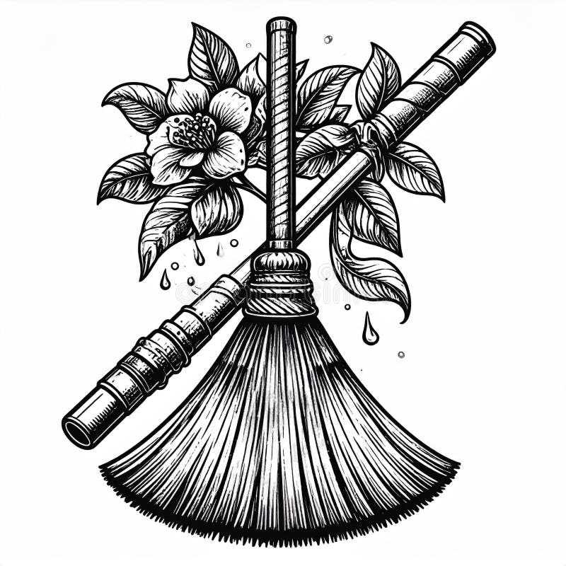 Black and White Broom Bamboo Flowers Illustration Stock Illustration ...