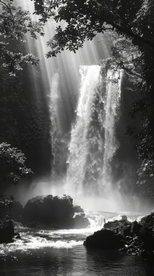 A Black and White Capture of a Powerful Waterfall, with Rays of Light ...