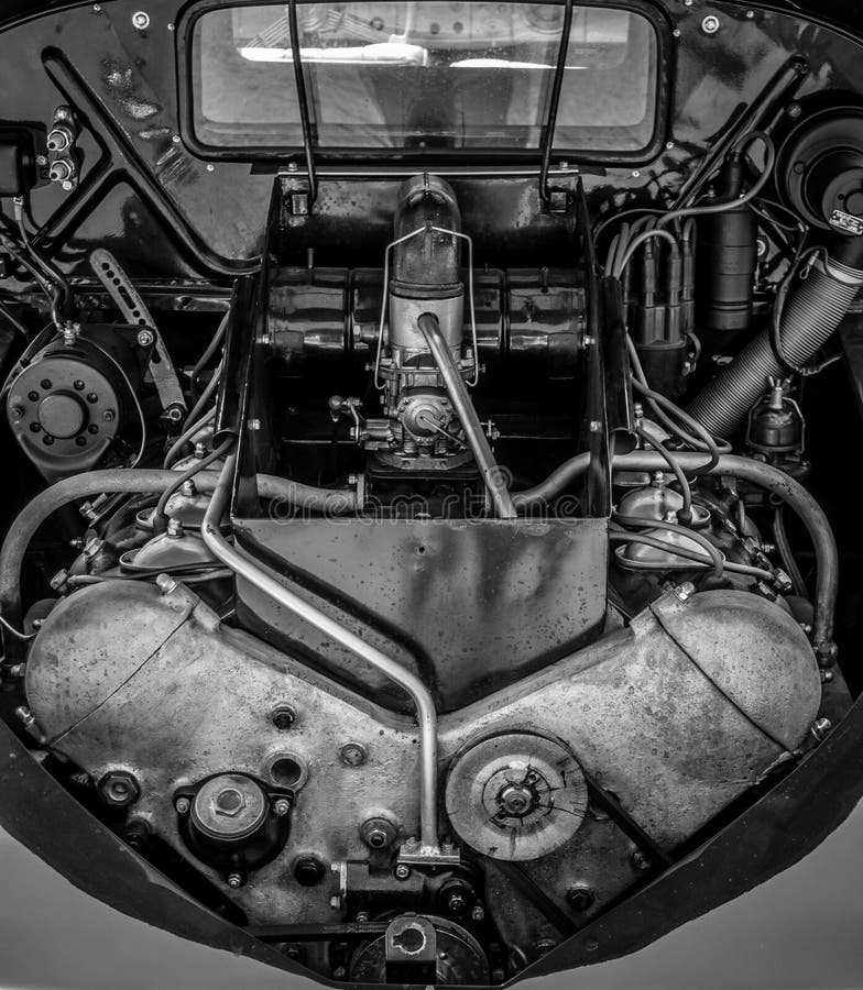 Black and White Car Engine, Old-timer. Stock Image - Image of black ...