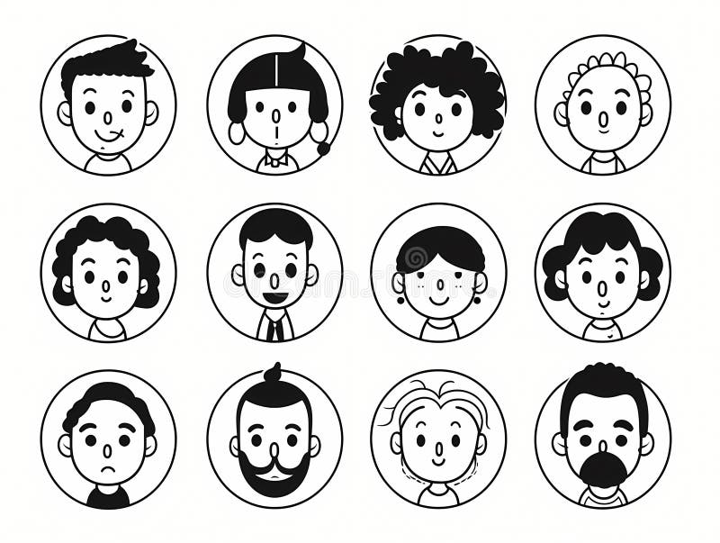 Black and White Cartoon Character Faces, a Group of Cartoon Faces Stock ...