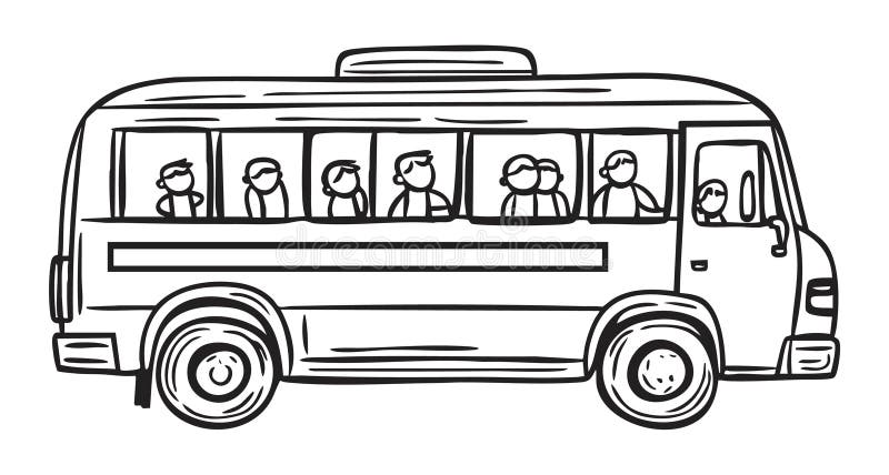 Black and White Sketch of a Bus with Passengers and Detailed Features ...