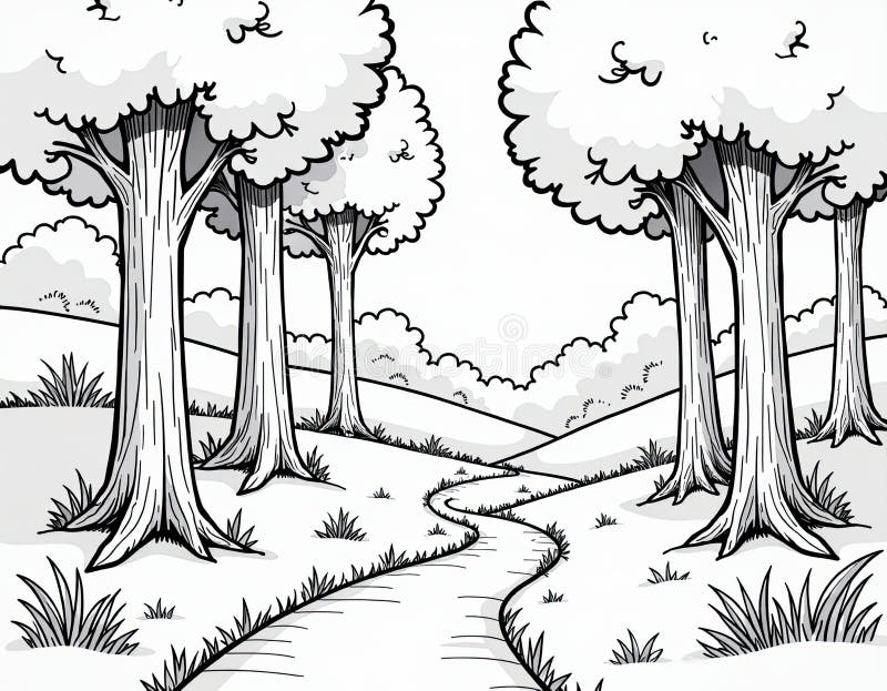 Black and White Cartoon Forest Path Illustration Stock Illustration ...
