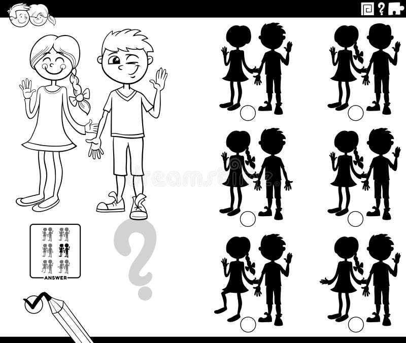 Educational Shadows Activity with Girl and Boy Coloring Page Stock ...