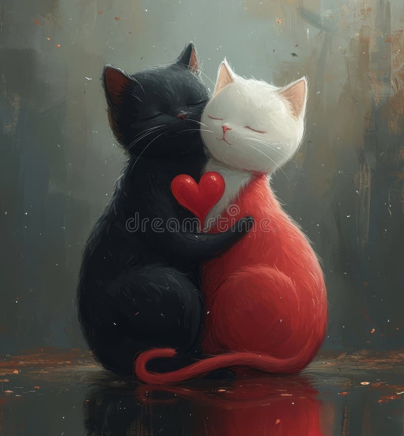 Black and White Cat Hugging a Red Heart. Stock Illustration ...