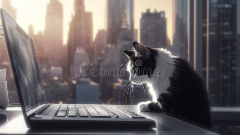 A Black and White Cat Sitting in Front of a Laptop. Generative AI Image ...