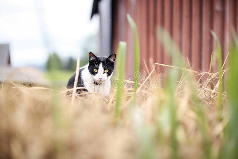 Black and White Cat Stalking through Tall Grass Near Barn Stock ...