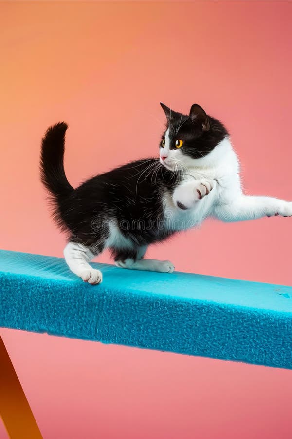 A Black and White Cat Standing on Top of a Blue Balance Beam Stock ...