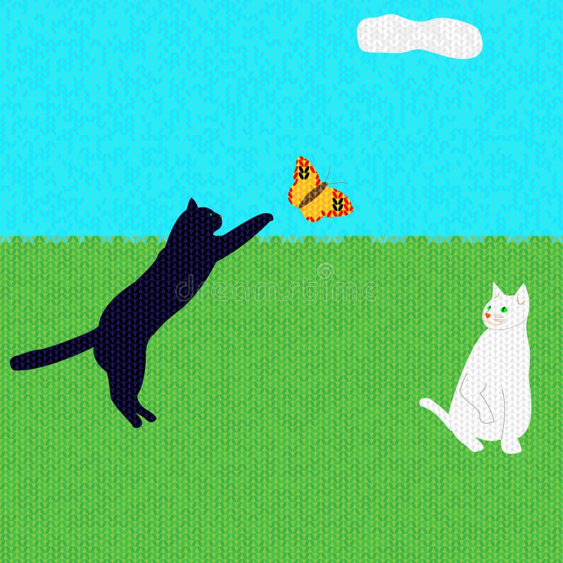 Black and White Cats Hunt Butterfly. Stylization, Seamless Vector ...