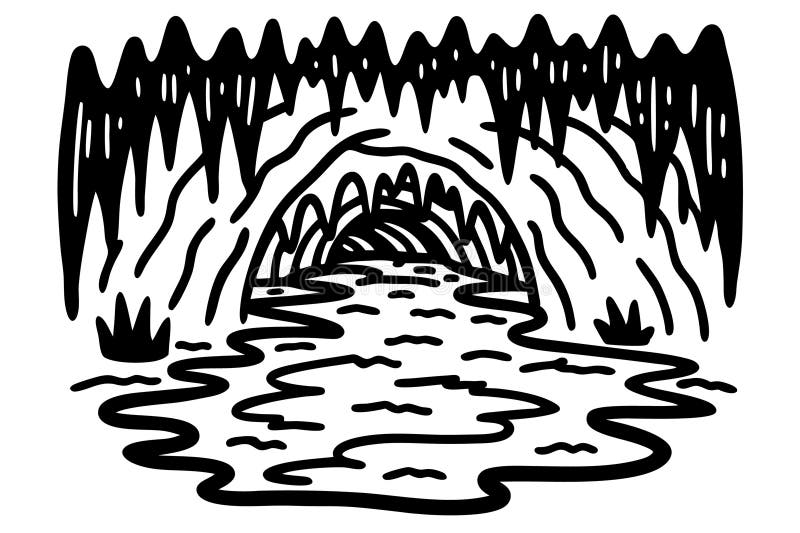 Black and White Cave Drawing with Flowing River and Stalactites Sketch ...