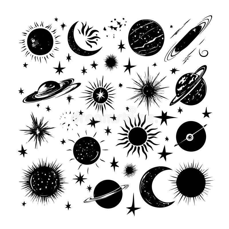 Black and White Celestial Illustration Featuring Planets, Stars, and ...