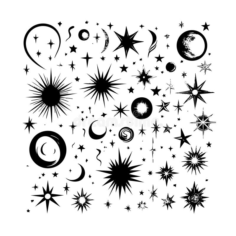 Black and White Celestial Symbols Including Stars and Moons ...