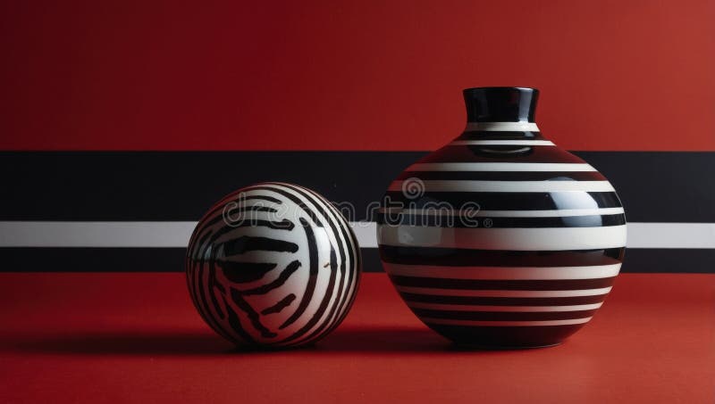 Black and White Striped Ceramic Objects Against Bold Red Background ...