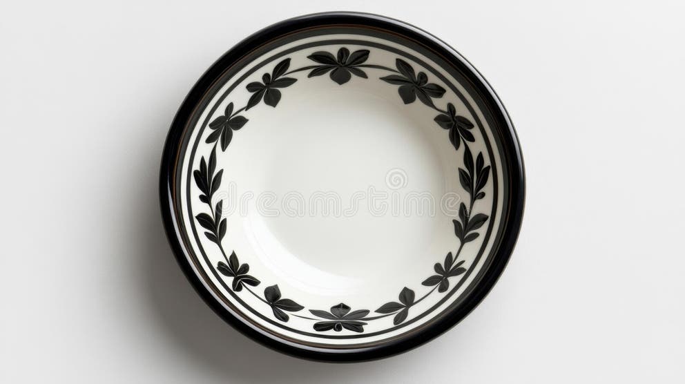 Black and White Ceramic Plate with Intricate Leaf Design Isolated on ...