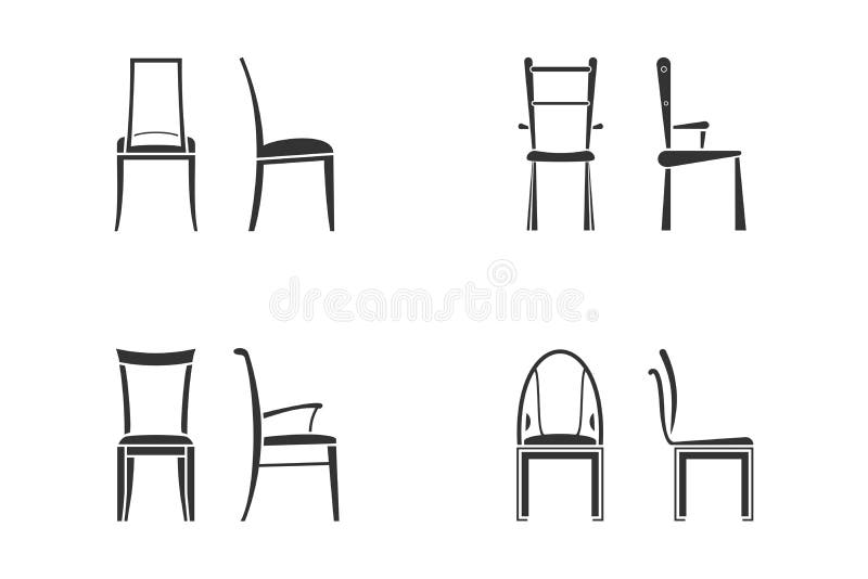 Black and White Chair Icon Set for Kitchen Room. Front View and Side ...