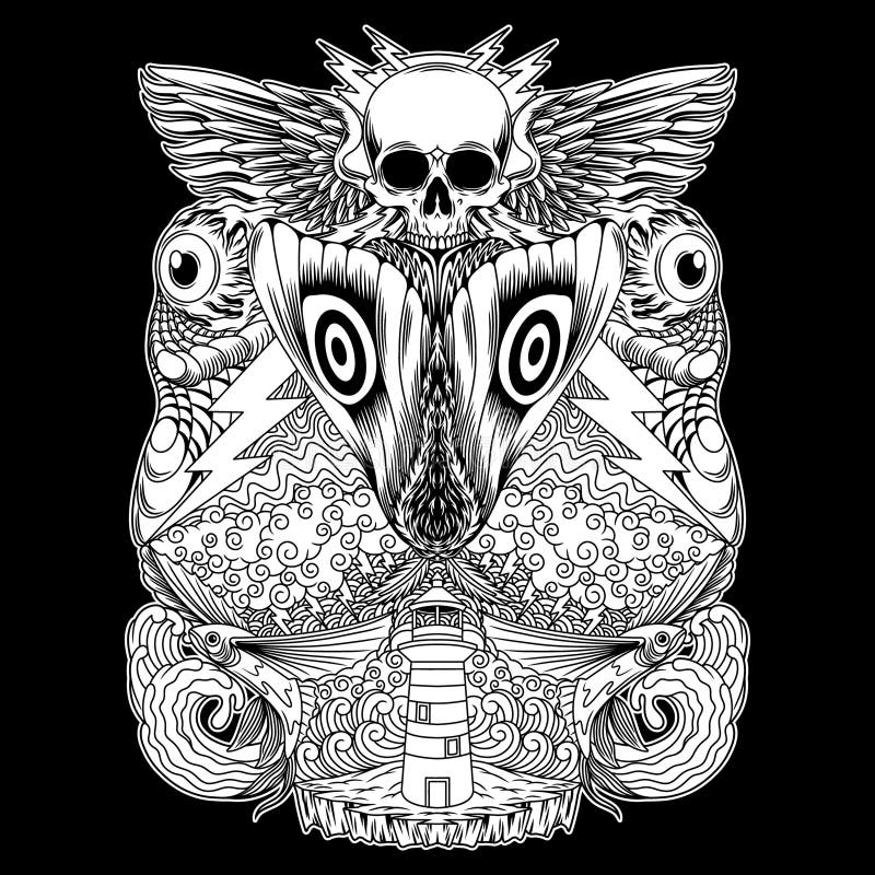 Psychedelic Moth Black and White Illustration Stock Vector ...