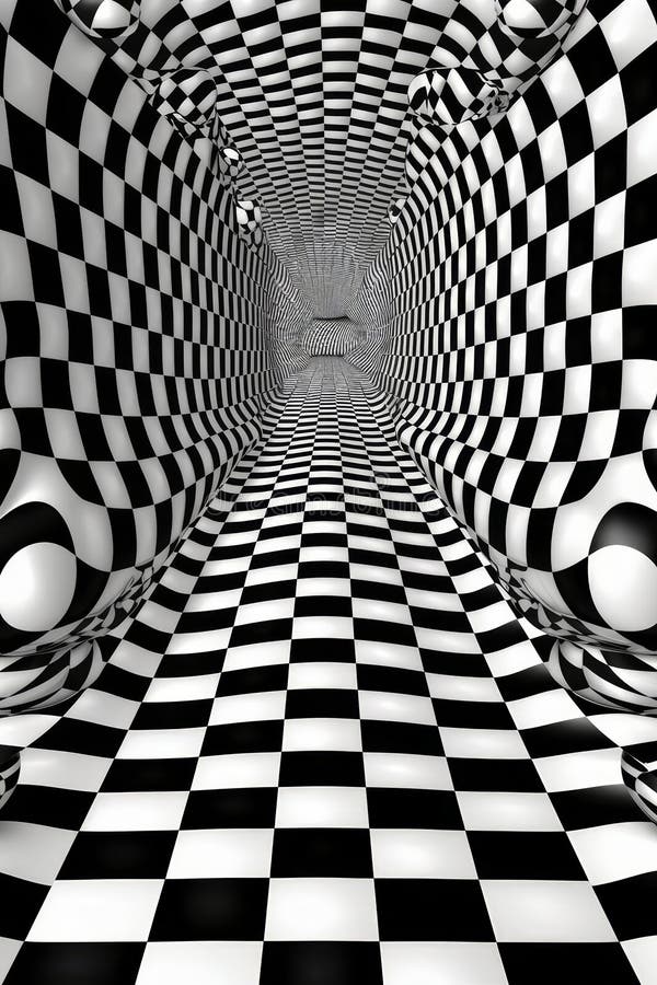 Black and White Checkerboard Tunnel Creating an Optical Illusion of ...