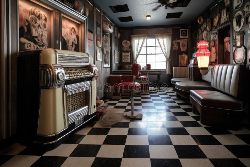 Black and White Checkered Floor with Jukebox in Corner Stock ...