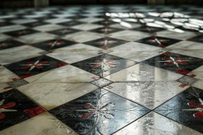 Black and White Checkered Floor with Red Flowers, Suitable for Interior ...