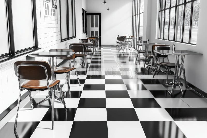 Black and White Checkered Floor Stock Image - Image of cafe, chair ...