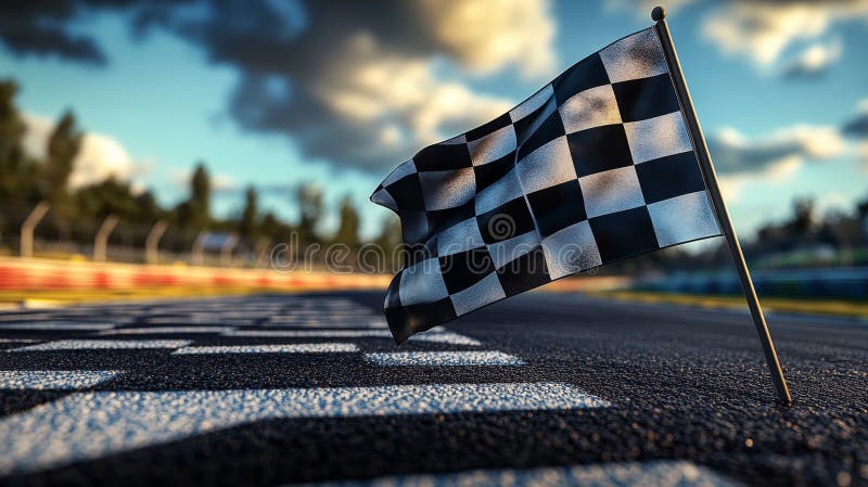 Black and White Checkered Racing Flag on Track with Dramatic Clouds ...